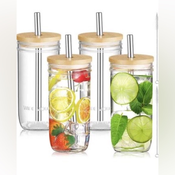 None | Kitchen | 24oz Reusable Boba Cup Mason Jars With Lids And Straws ...